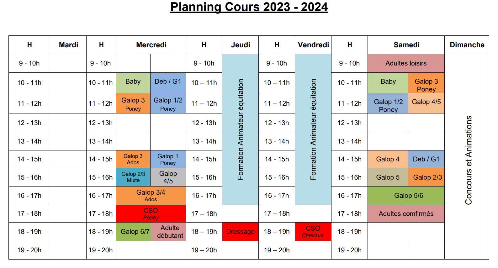 Inscriptions et Planning des cours 2023-2024 - Centre équestre de By à Courtenay